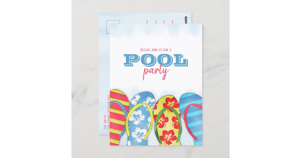 Modern Simple Watercolor Flip Flop Pool Party Postcard | Zazzle