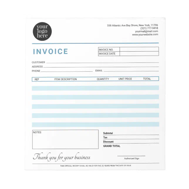 Modern Small Business Invoice Sales Receipt Blue Notepad | Zazzle
