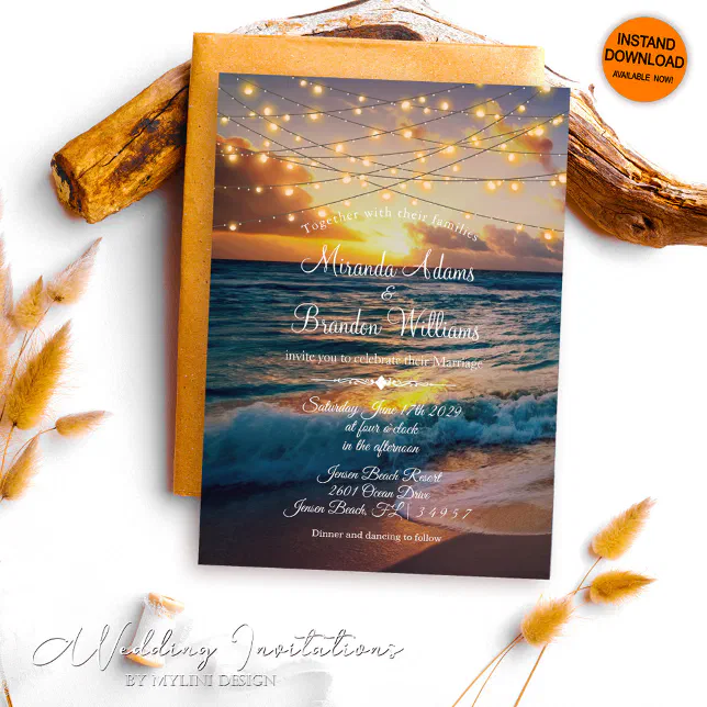 Modern String Lights Tropical Summer Beach Wedding Invitation | Zazzle