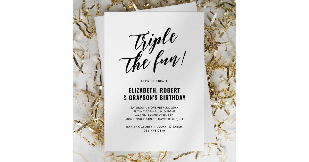 Modern Triple The Fun Joint Birthday Party Invitation | Zazzle