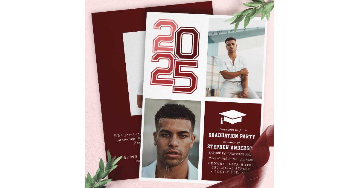 Modern Varsity Burgundy Photo Graduation Party Invitation | Zazzle