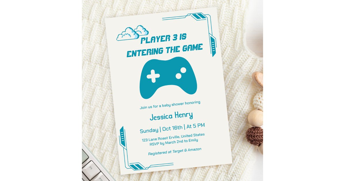 Modern Video Game Player 3 Gaming Baby Shower Invitation | Zazzle