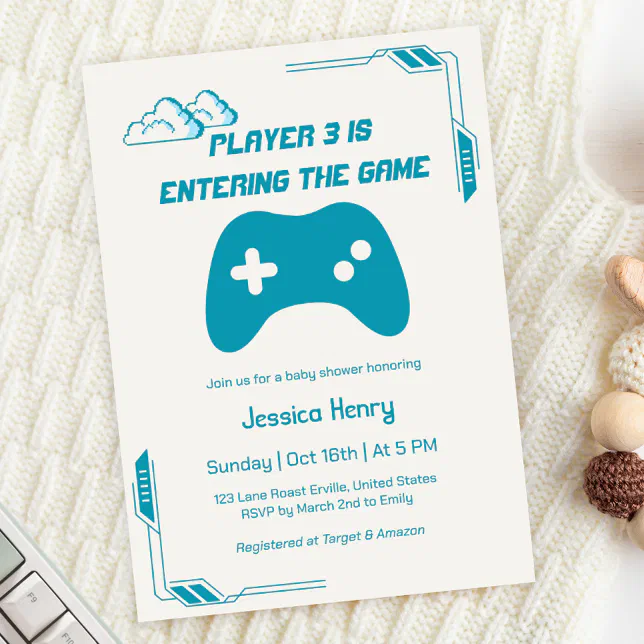 Modern Video Game Player 3 Gaming Baby Shower Invitation | Zazzle