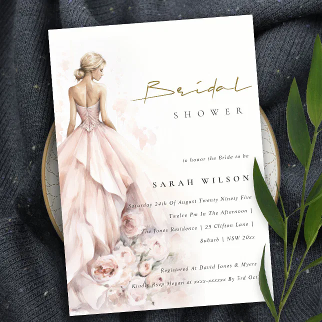 Modern Watercolor Wedding Gown Bridal Shower Invitation | Zazzle