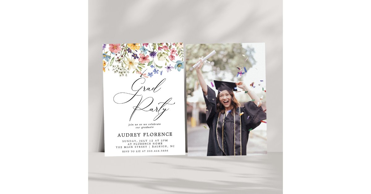 Modern Wildflowers Floral Photo Graduation Party Invitation | Zazzle