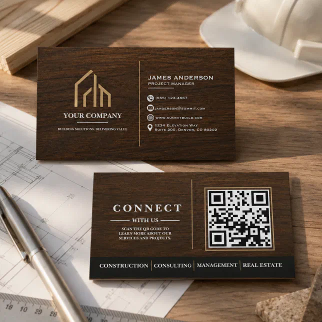 Modern Wood Grain QR Code Construction Business Card | Zazzle