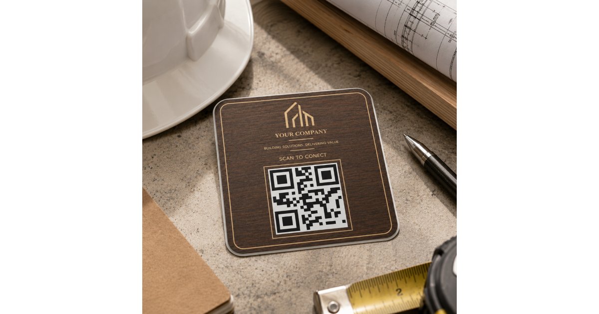 Modern Wood Grain QR Code Construction Square Sticker | Zazzle
