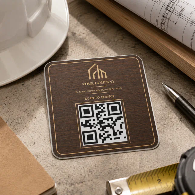Modern Wood Grain QR Code Construction Square Sticker | Zazzle