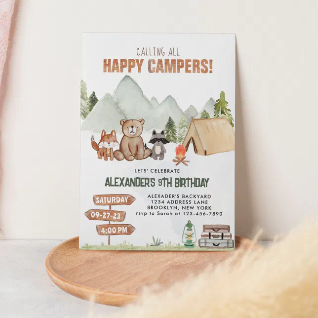 Modern Woodland Happy Camper Camping Kids Birthday Invitation | Zazzle