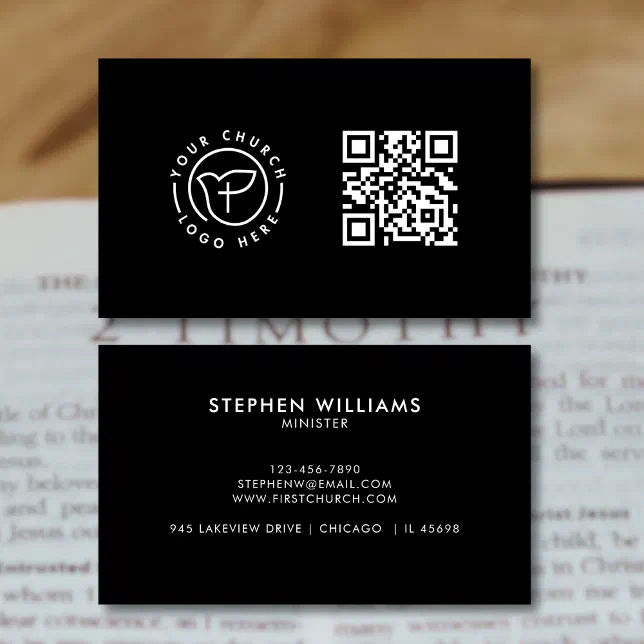 Modern Your Church Logo QR Code Black and White Business Card | Zazzle