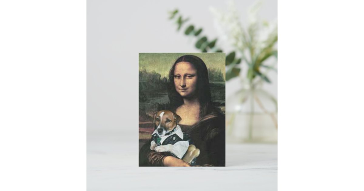 Mona Lisa holding her dog and a bone Postcard | Zazzle