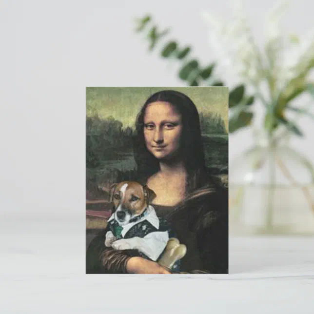 Mona Lisa holding her dog and a bone Postcard | Zazzle