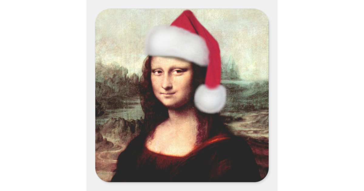 Mona Lisa Santa Hat Christmas Square Sticker | Zazzle