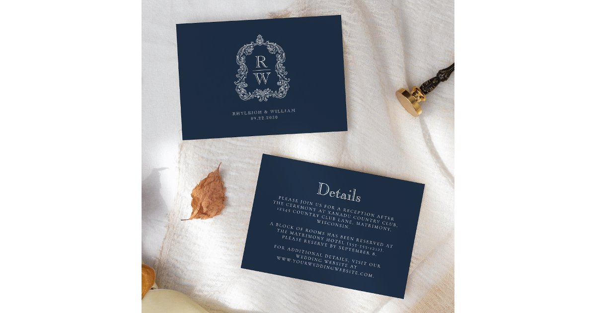 Monogram Crest Navy Blue Wedding Details Enclosure Card | Zazzle