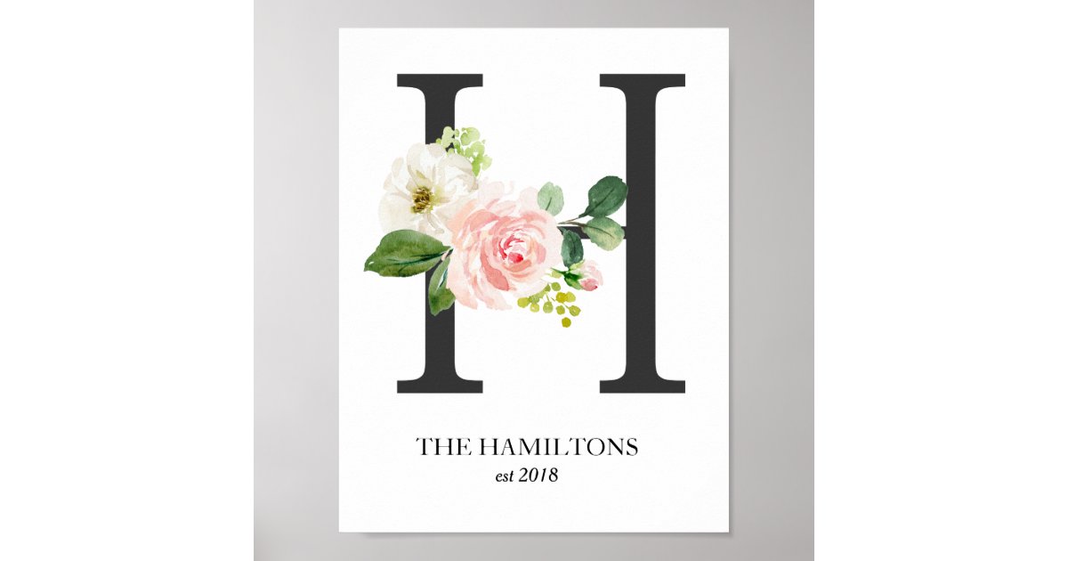 Monogram Print, Floral Letter H, Wedding, Nursery Poster | Zazzle
