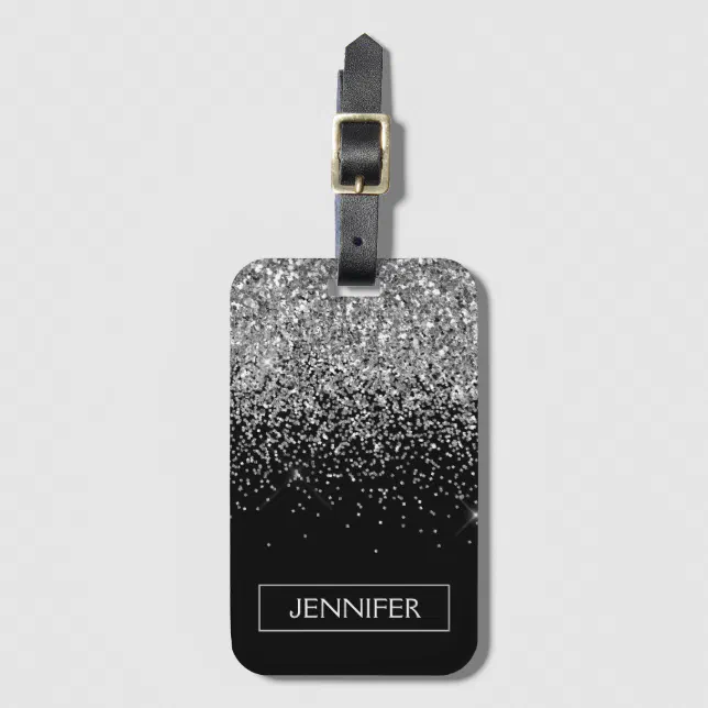 Monogram Silver Glam Glitter Sparkle Name Luggage Tag | Zazzle