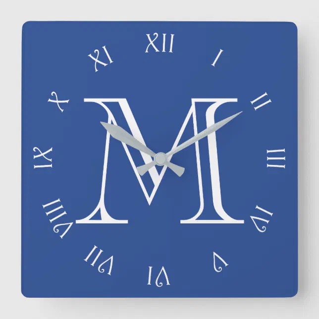 Monogram White Script Roman Numbers On Blue wccn Square Wall Clock | Zazzle