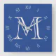 Monogram White Script Roman Numbers On Blue wccn Square Wall Clock | Zazzle