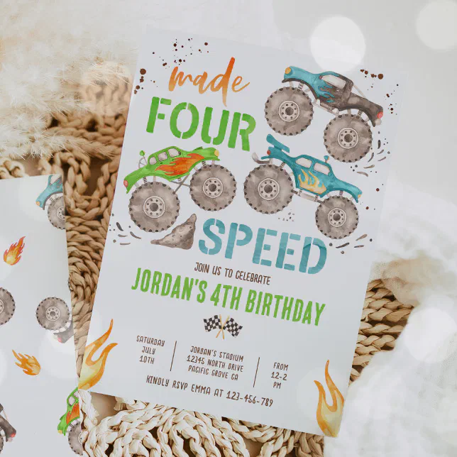 Monster Truck Boy Made Four Speed 4th Birthday Invitation | Zazzle