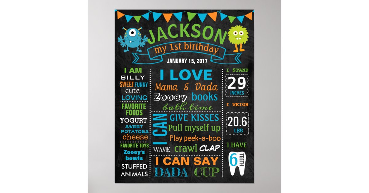 Monsters First Birthday Party chalkboard sign | Zazzle