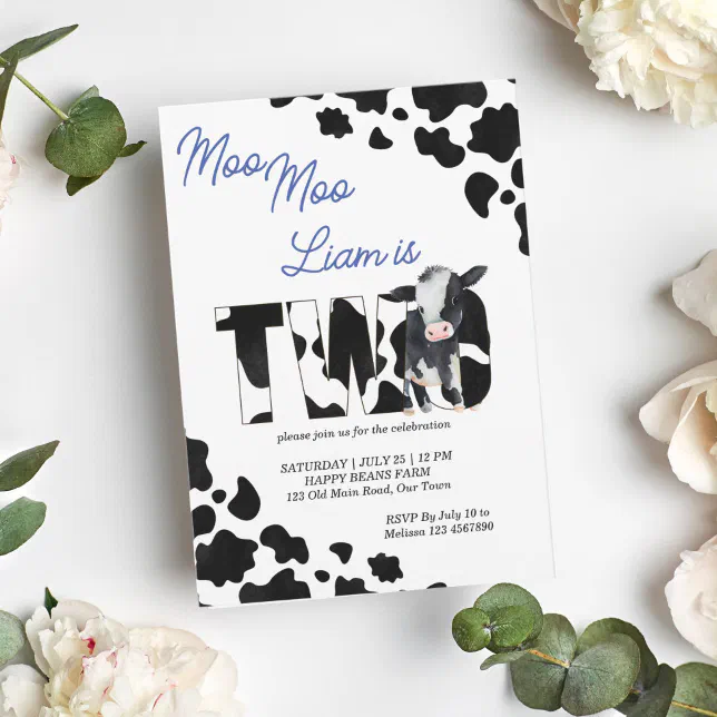Moo moo cow black and blue cute cow birthday party invitation | Zazzle
