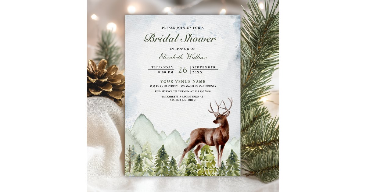Mountain Forest Deer QR Code Photo Bridal Shower Invitation | Zazzle