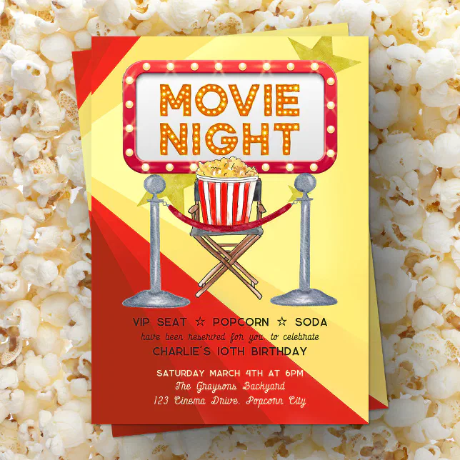 Movie Night Cinema Popcorn Party Birthday Invitation | Zazzle