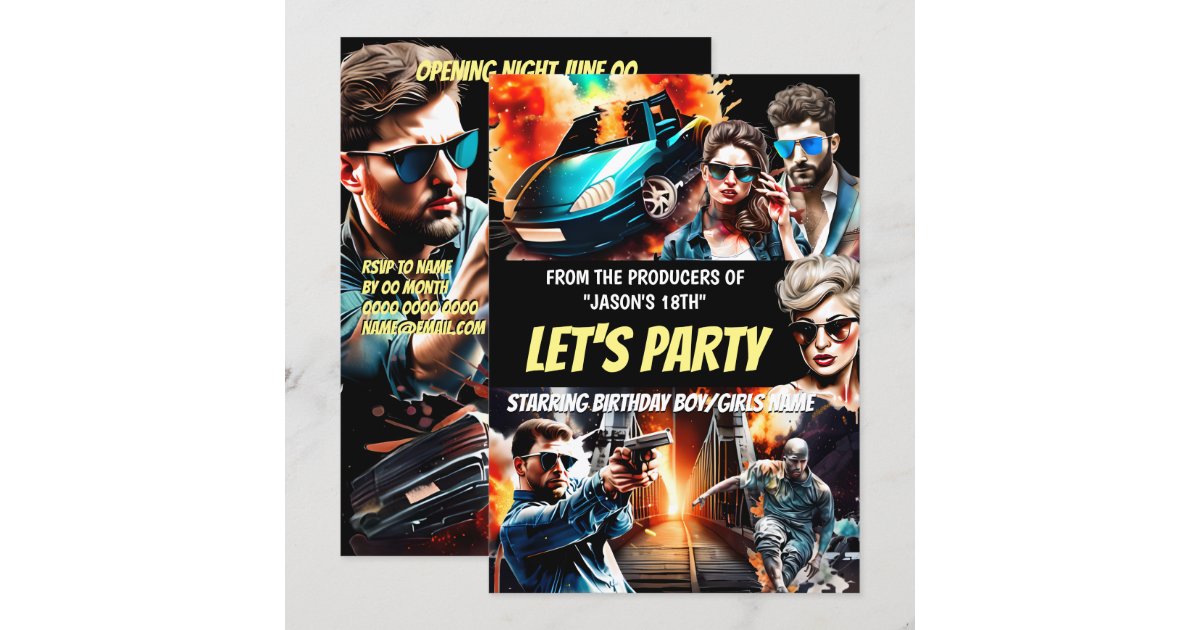 Movie theme action thriller poster adults birthday invitation | Zazzle