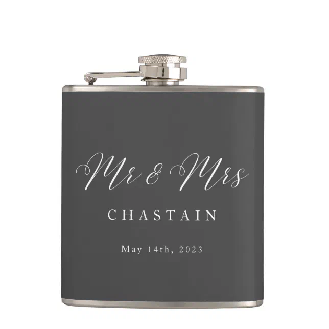 Mr & Mrs Modern Minimalist Script Couple Wedding Hip Flask | Zazzle