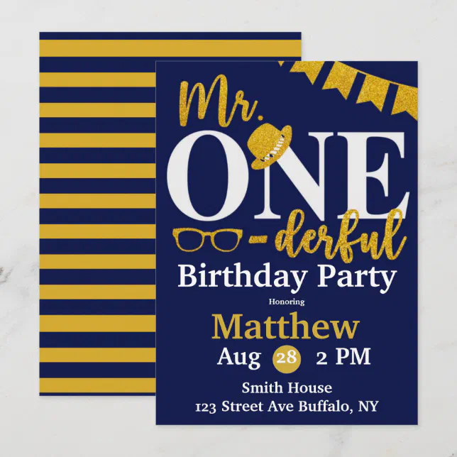 Mr. One-derful Navy and Gold Birthday Party Invitation | Zazzle