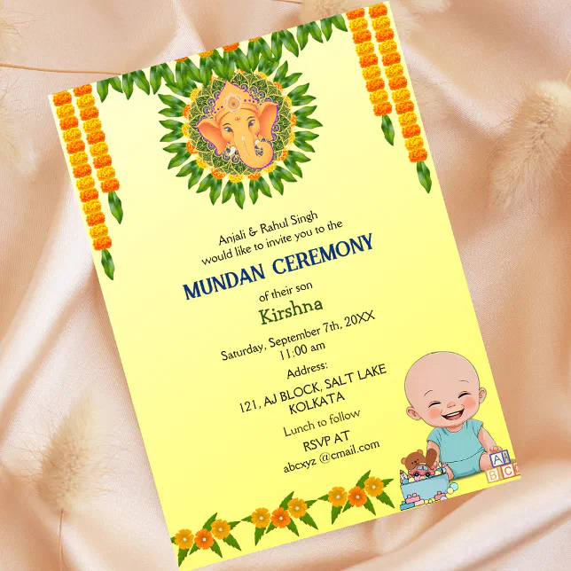 Mundan Ceremony Ganesha Logo Minimal Floral Invitation | Zazzle