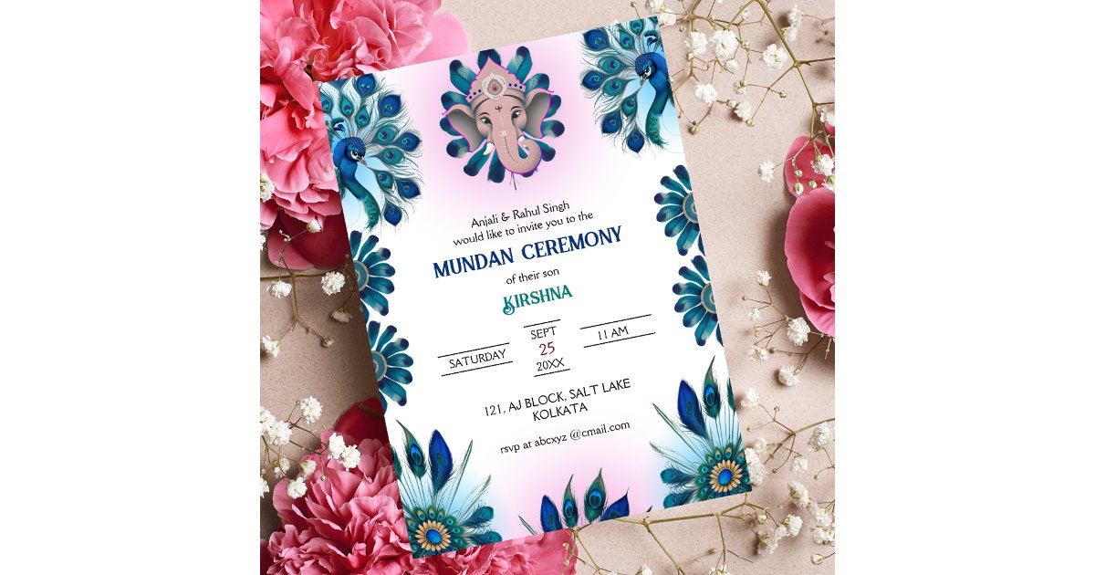 Mundan Ceremony Ganesha logo Peacock Design Invitation | Zazzle