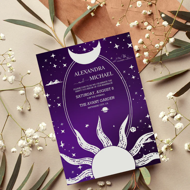 Mystical Purple Sun Moon Wedding Invitation | Zazzle