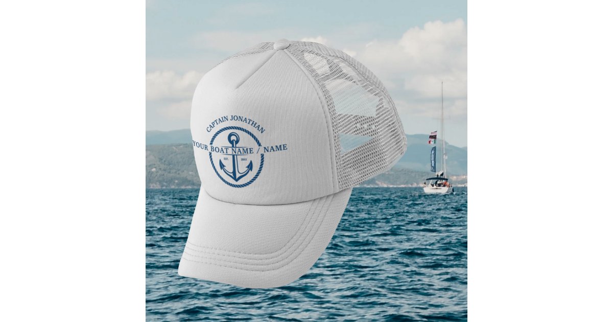 Nautical Navy Blue Boat Captain Name Anchor Trucker Hat | Zazzle
