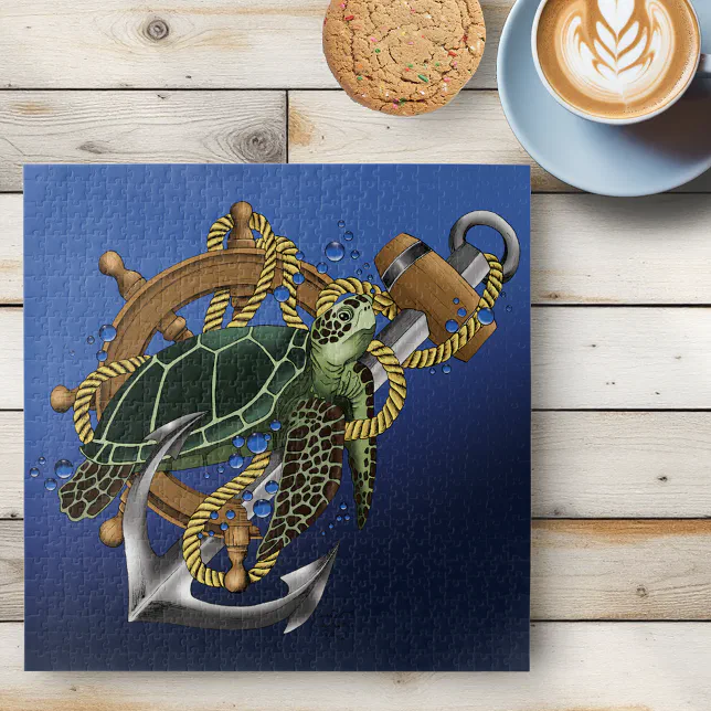 Nautical Sea Turtle Anchor Ship Wheel Blue Jigsaw Puzzle | Zazzle