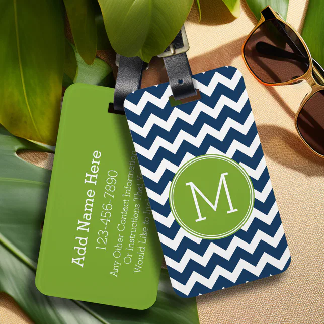 Navy Blue and Lime Green Chevrons Custom Monogram Luggage Tag | Zazzle