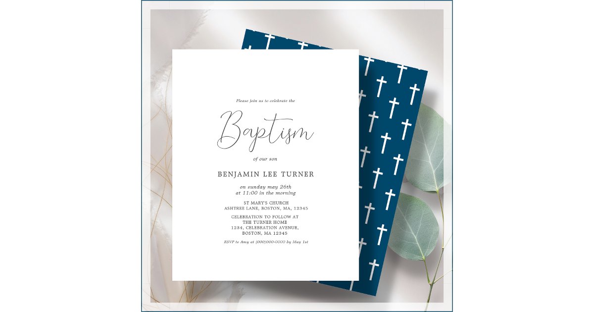 Navy Blue Cross | Baptism Budget Invitation | Zazzle
