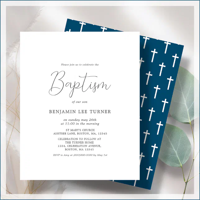 Navy Blue Cross | Baptism Budget Invitation | Zazzle