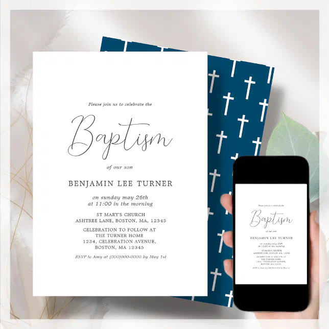 Navy Blue Cross | Baptism Invitation | Zazzle