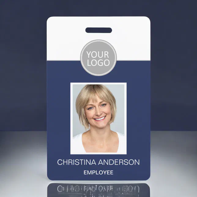 Navy Blue Employee Name Logo Photo Corporate Work ID Badge | Zazzle