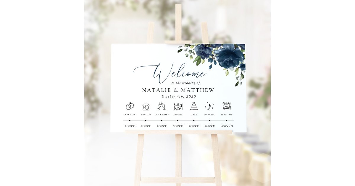 Navy Blue Flowers, Greenery, Wedding Timeline Poster | Zazzle
