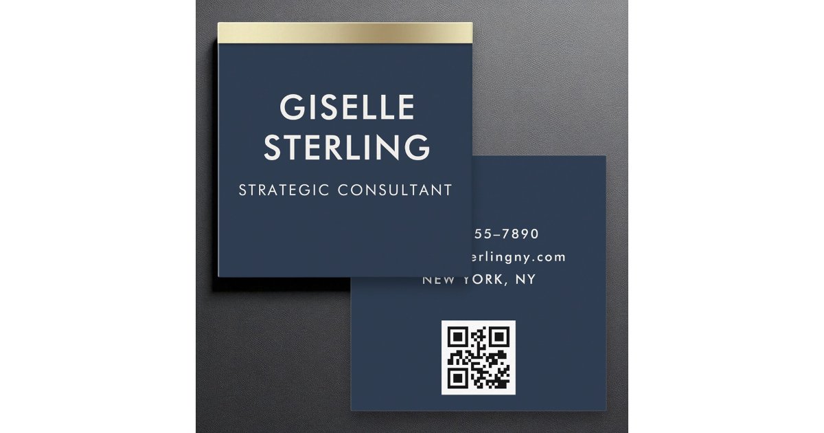 Navy Blue Gold Luxury QR Code Minimal Typography Square Business Card ...