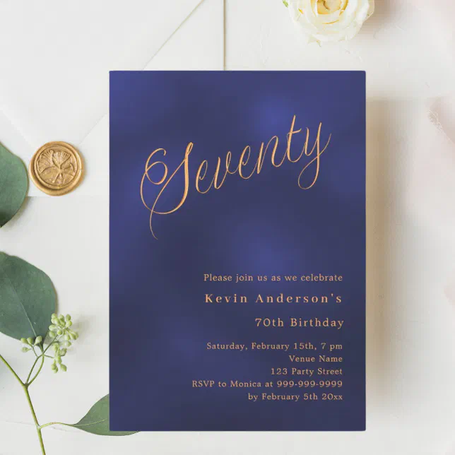 Navy blue gold script 70th birthday invitation | Zazzle