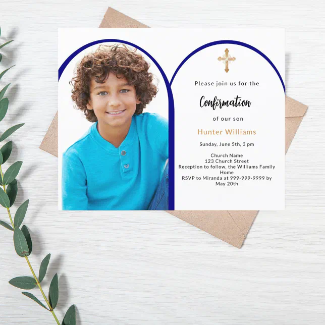 Navy blue photo arch boy Confirmation invitation | Zazzle