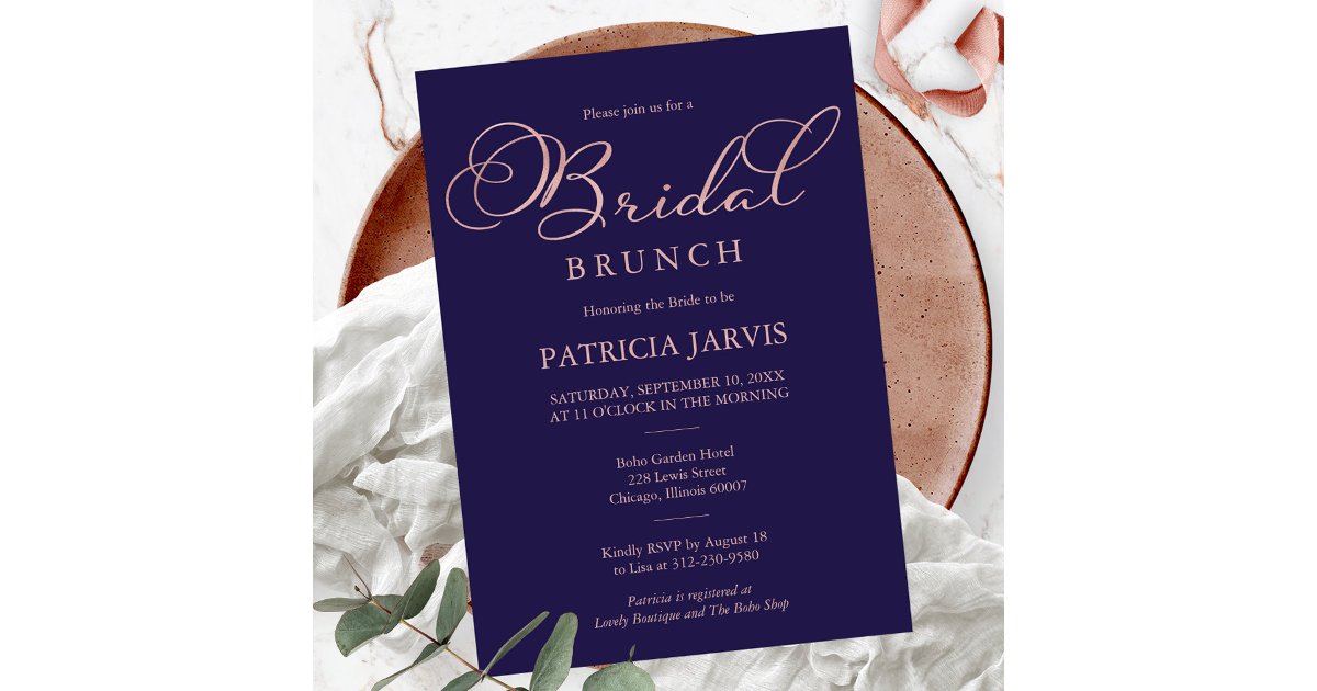 Navy Blue Rose Gold Foil Script Bridal Brunch Invitation | Zazzle