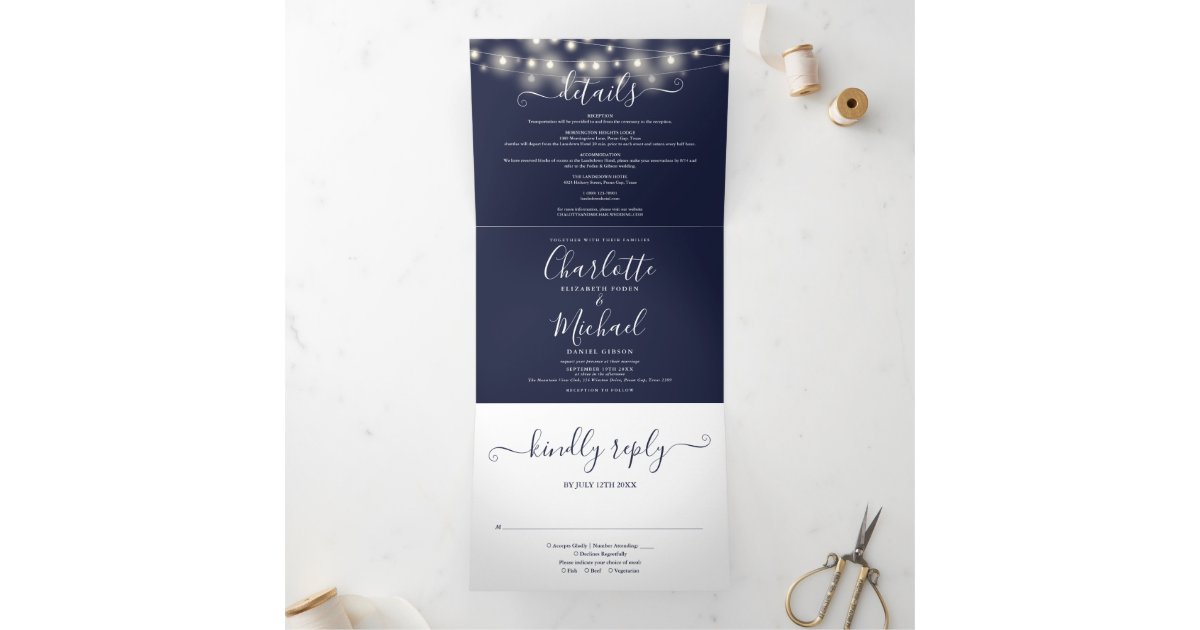 Navy Blue String Lights Script Monogram Wedding Tri-Fold Invitation ...