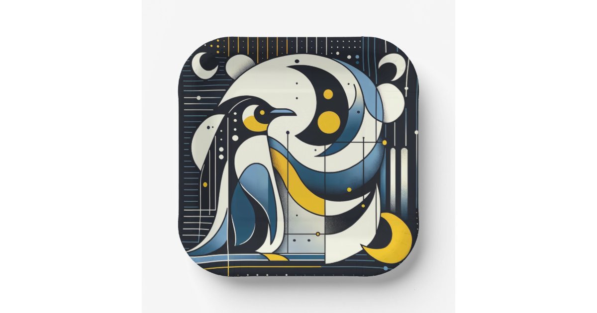 Navy Blue Yellow Geometric Abstract Penguin Art Paper Plate | Zazzle