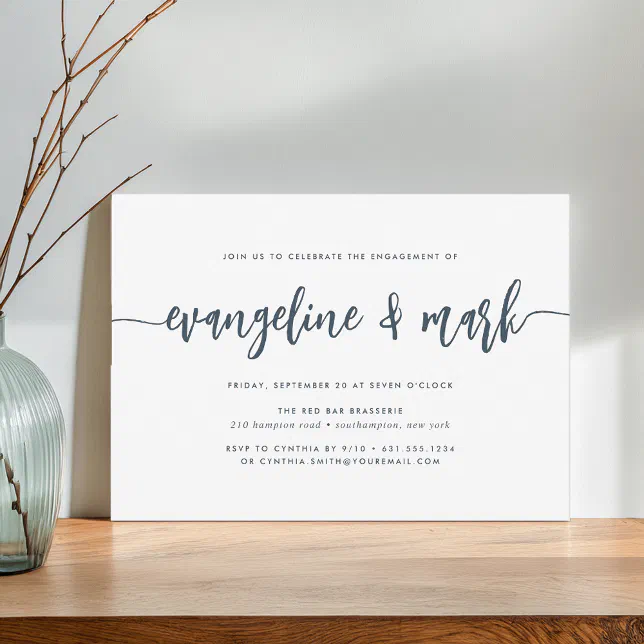 Navy | Modern Signature Script Engagement Party Invitation | Zazzle