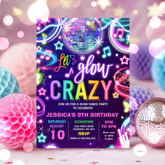 Neon Glow Crazy Disco Dance Birthday Party Invitation | Zazzle