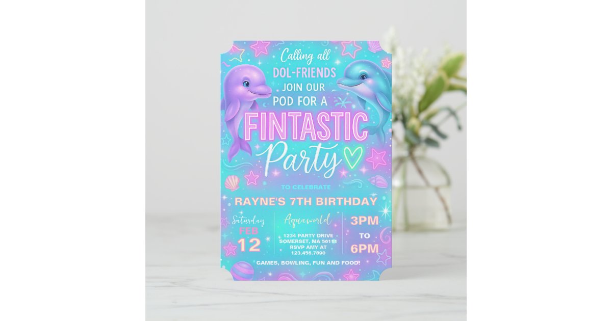 Neon Glow Dolphin Birthday Party Invitation | Zazzle